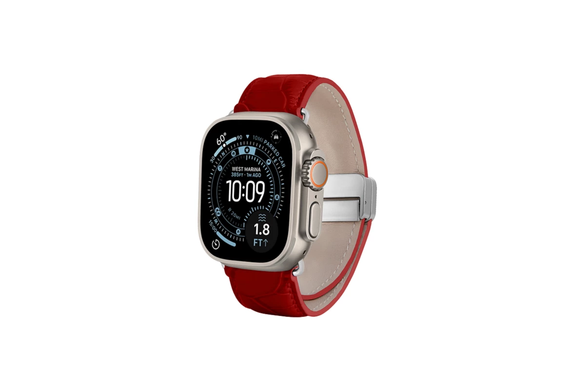 Apple Watch Ultra Strap with Sliding Buckle Closure - Red - Crocodile ...