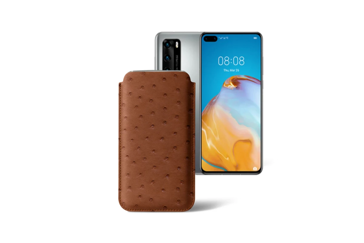 | Leather sleeve for Huawei P40 Pro - Tan - Real Ostrich Leather