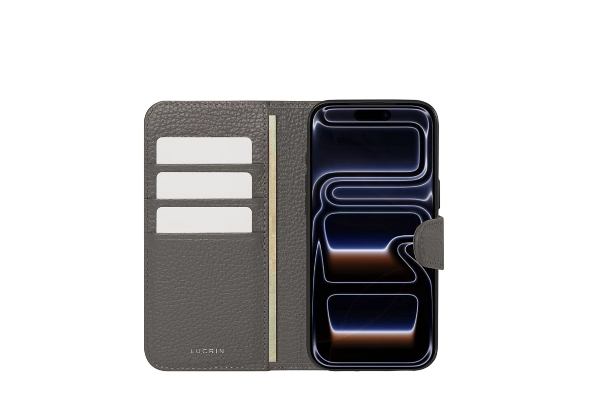 iPhone 17 Pro Luxus-Brieftasche | Personalisiertes Leder - Mausgrau ...