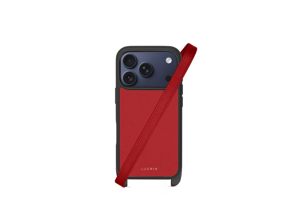 | Crossbody bumper case - iPhone 17 Pro | Personalized leather - Red ...