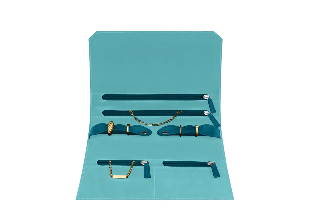 | Leather Jewellery Roll Pouch - Turquoise - Smooth Leather