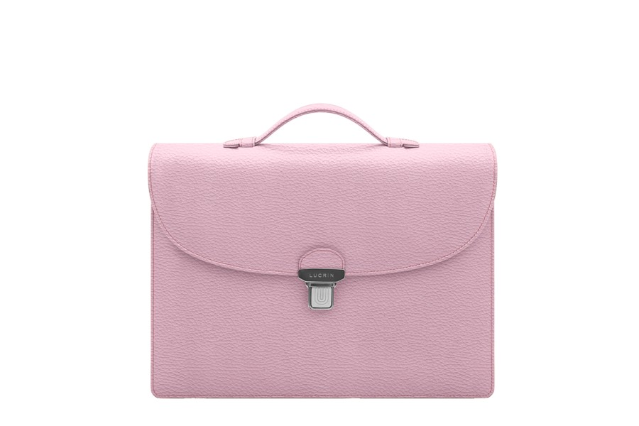 | Triple gusset leather briefcase | LUCRIN Geneva - Pink - Pebbled Leather