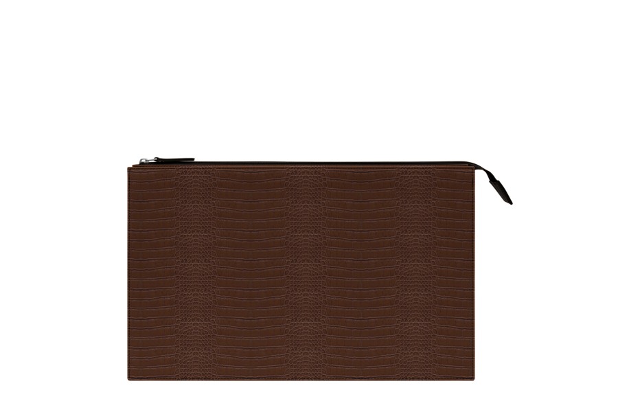 | Leather Document Case with 3 Compartments - Dark Brown - Crocodile ...