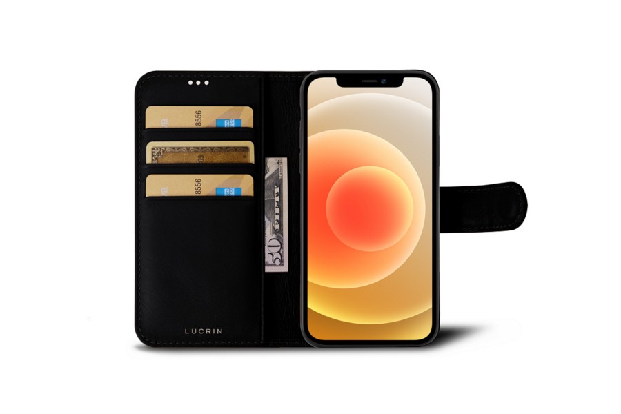 iPhone 12 leather wallet case - Black - Smooth Leather