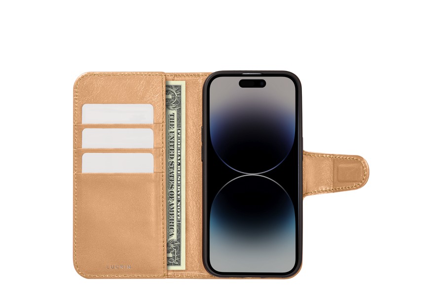 Luxury leather wallet case iPhone 14 Pro - Natural - Vegetable Tanned ...