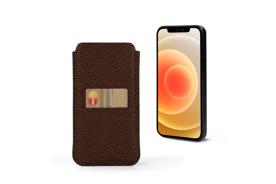 iPhone 12 leather pouch with pocket - Dark Brown - Granulated Leather