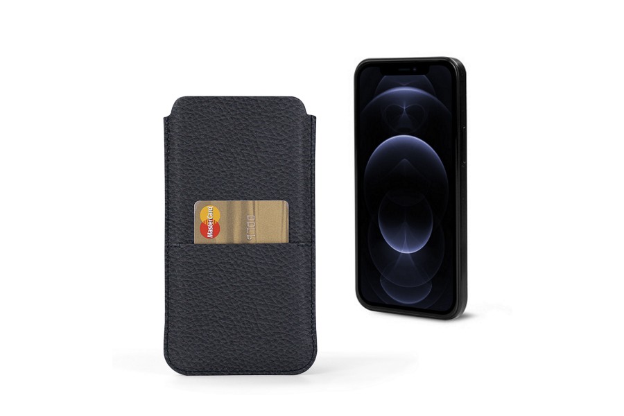 iPhone 12 Pro Max leather pouch with pocket - Navy Blue - Granulated ...