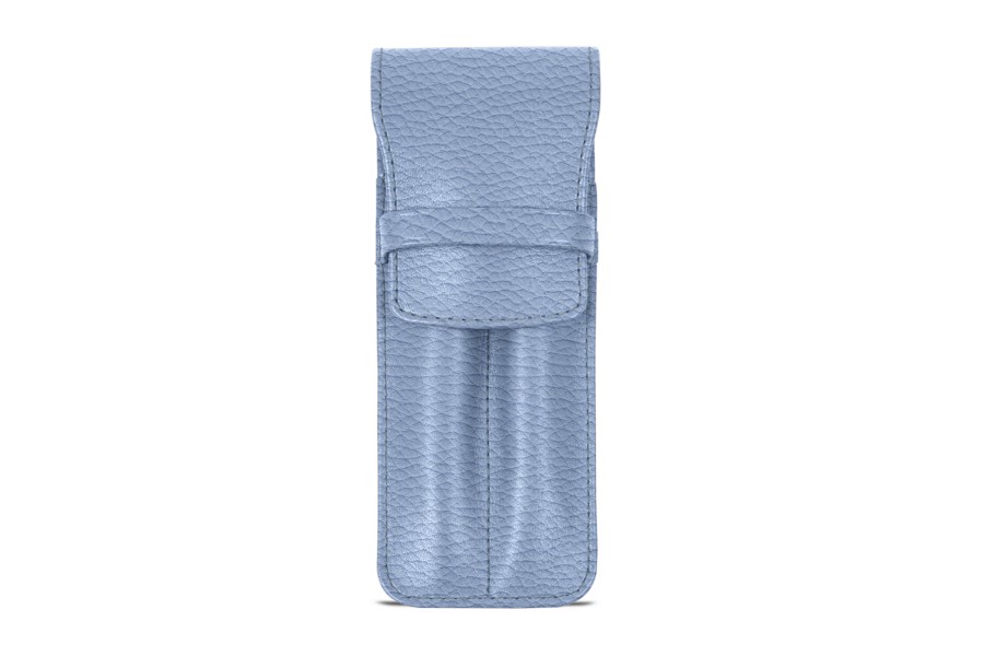 Leather Double Pen Case with Flap - Pastel Arctic - Pebbled Leather