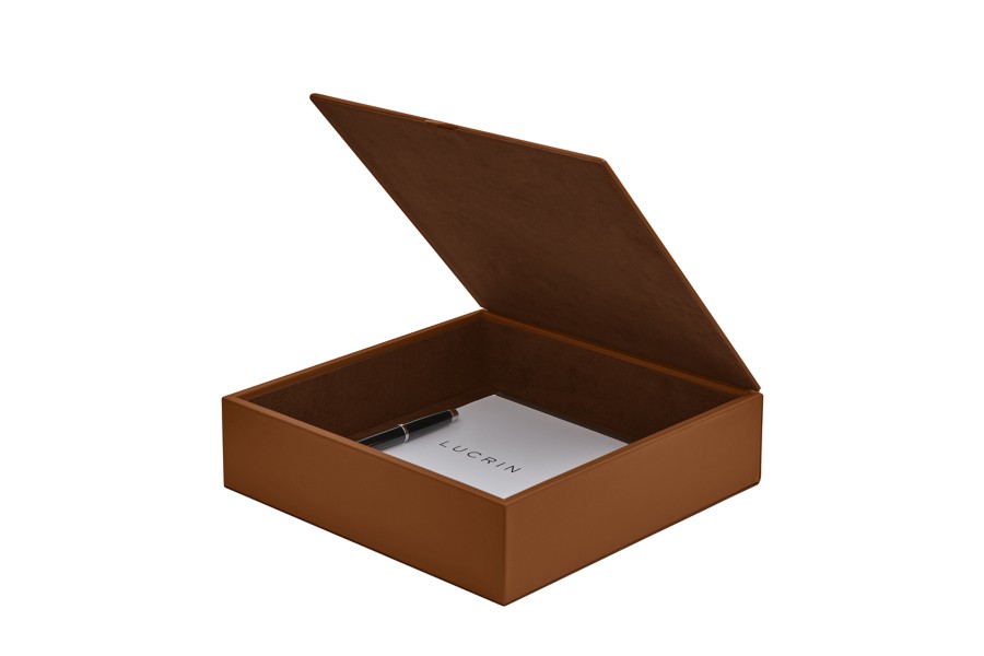 Large leather storage box (10.6 x 10.6 x 2.8 inches) - Tan - Smooth Leather