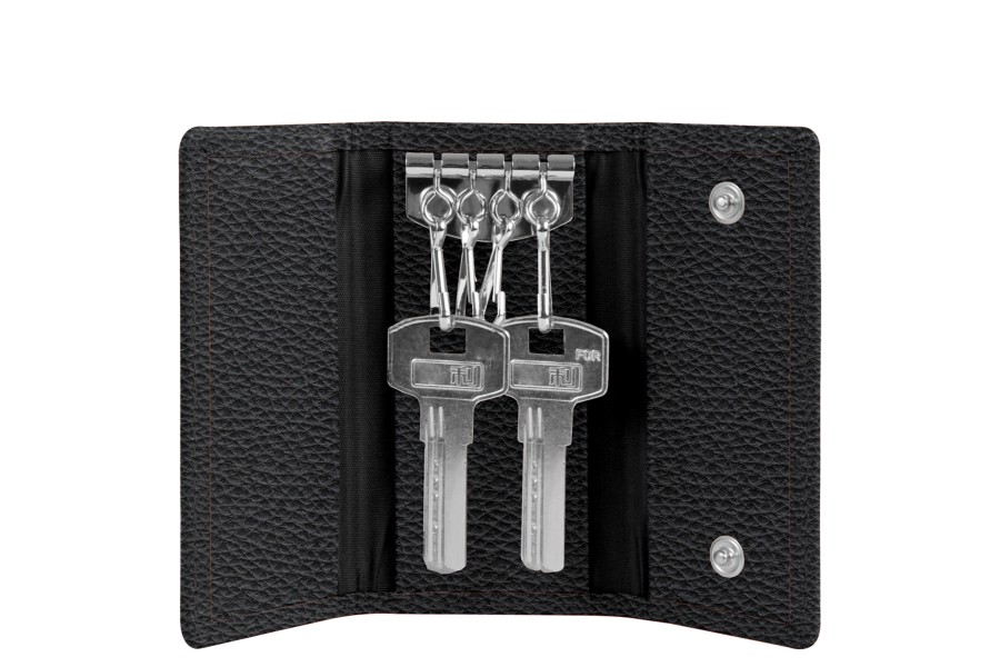 Leather 4 Hook Key Case with Closure - Black - Granulated Leather